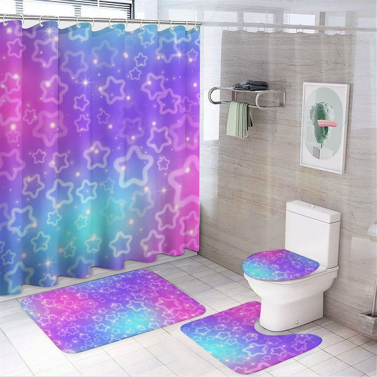 Bathroom Four-Piece Floor Mat Shower Curtain Durable Waterproof Easy To ...