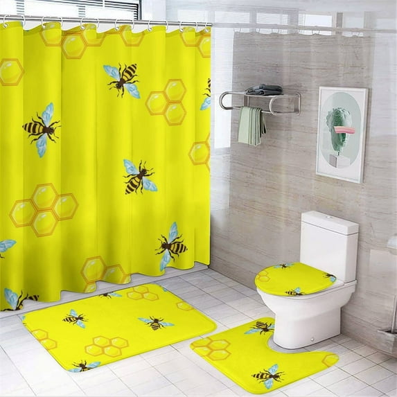 Bathroom Four-Piece Floor Mat Shower Curtain Durable Waterproof Easy To ...