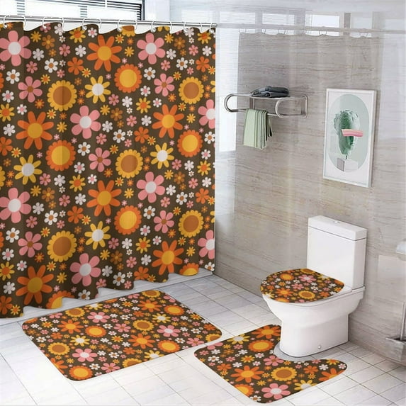 Bathroom Four-Piece Floor Mat Shower Curtain Durable Waterproof Easy To ...