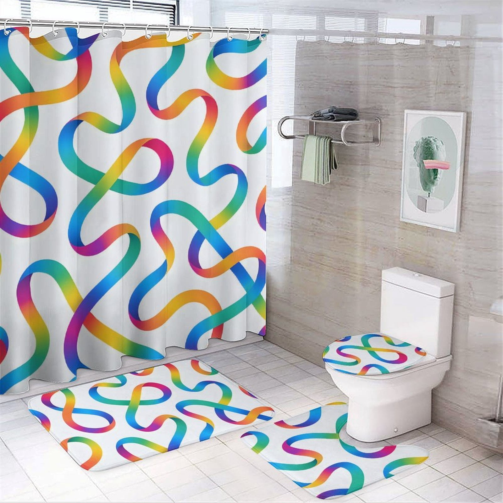 Bathroom Four Sets Of Floor Mat Shower Curtain Strong Durability Easy ...