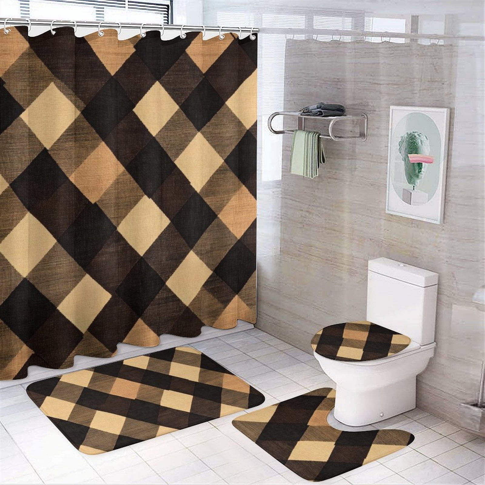 Bathroom Four Sets Of Floor Mat Shower Curtain Strong Durability Easy ...