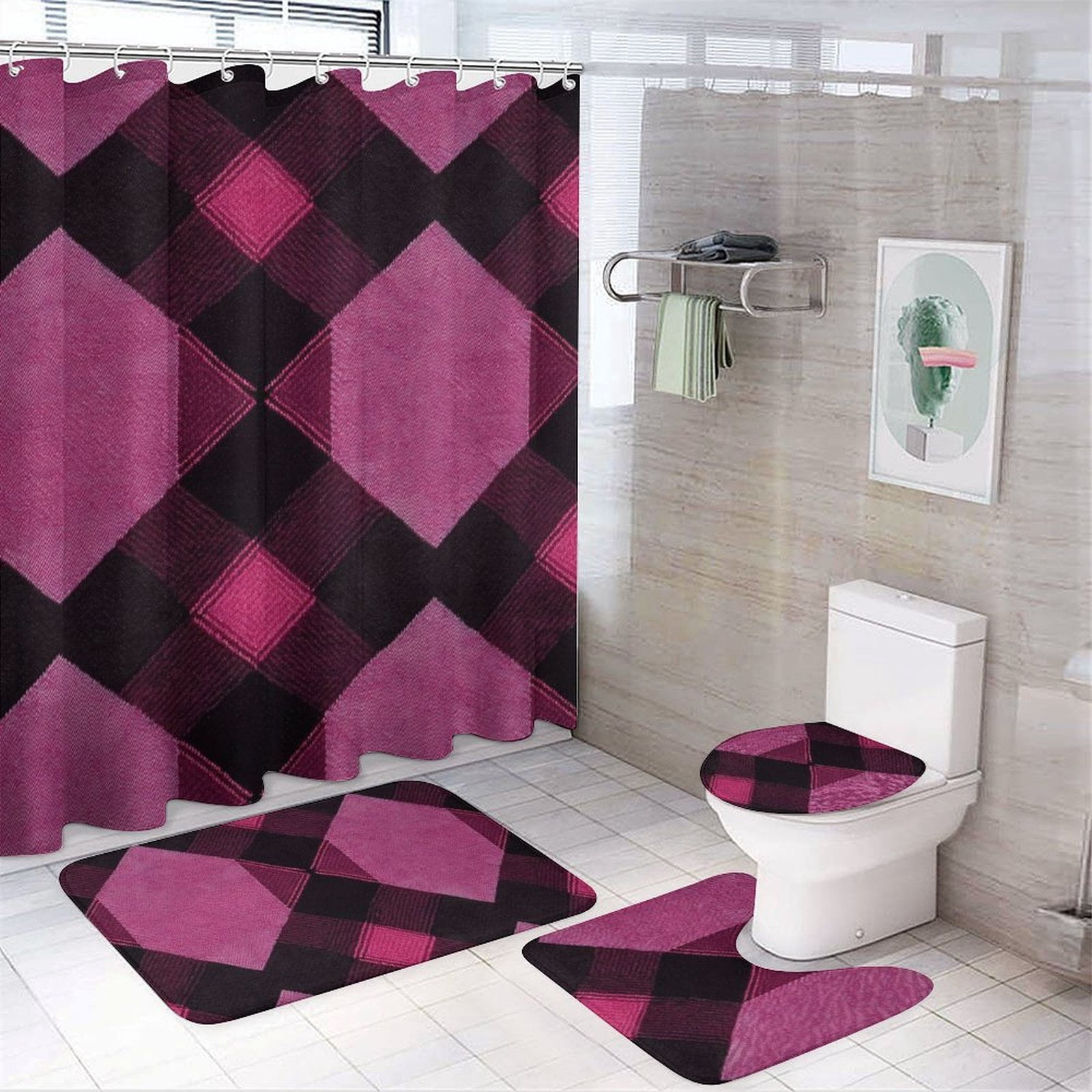 Bathroom Four Sets Of Floor Mat Shower Curtain Strong Durability Easy ...