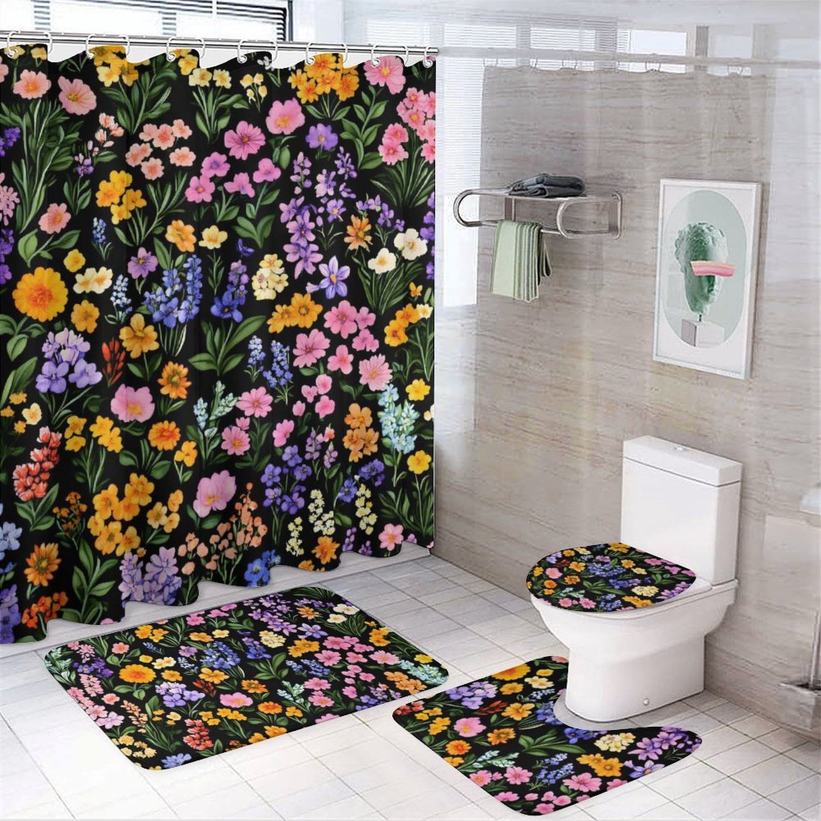 Bathroom Four Sets Of Floor Mat Shower Curtain Strong Durability Easy ...