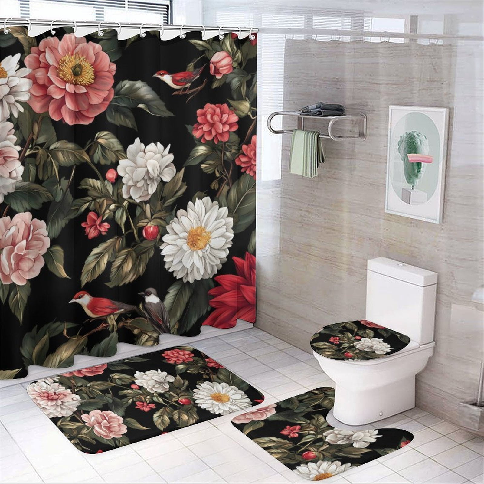 Bathroom Four Sets Of Floor Mat Shower Curtain Strong Durability Easy ...