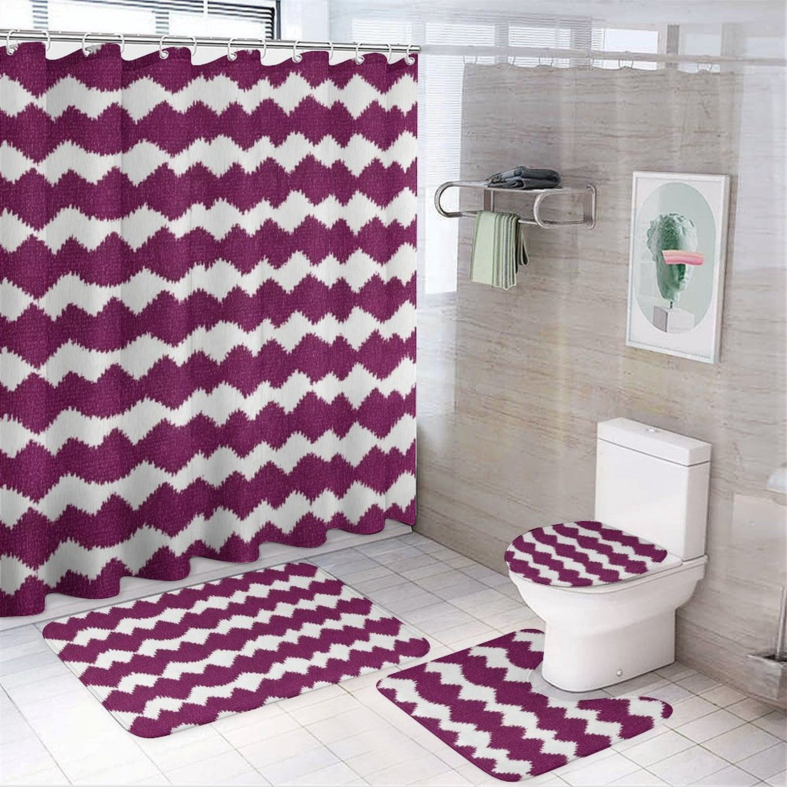 Bathroom Four Sets Of Floor Mat Shower Curtain Strong Durability Easy ...