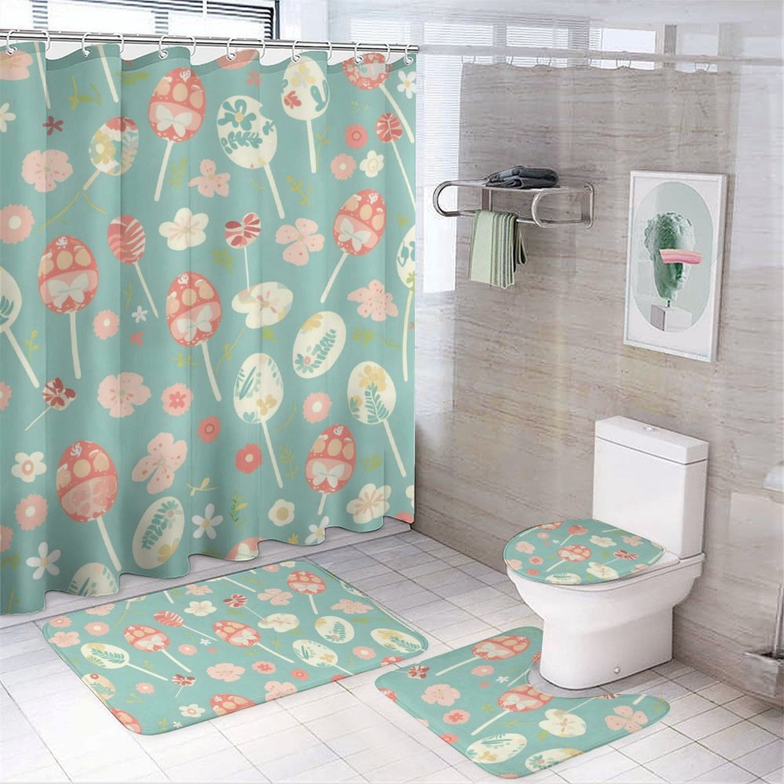 Bathroom Four Sets Of Floor Mat Shower Curtain Strong Durability Easy ...