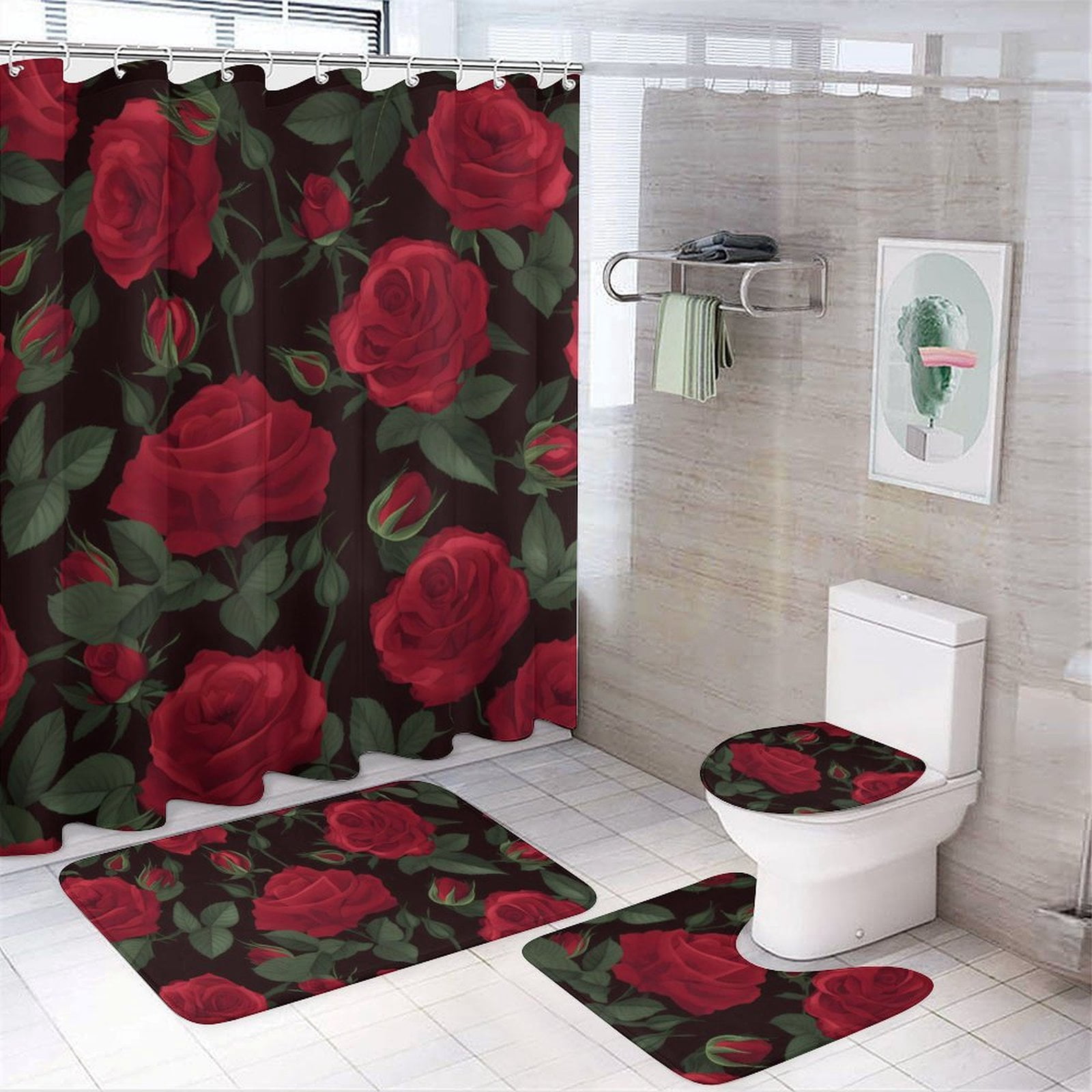 Bathroom Four Sets Of Floor Mat Shower Curtain Strong Durability Easy ...