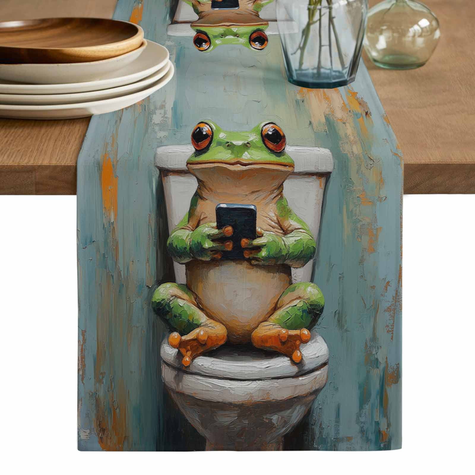 Bathroom Frog Table Runner, Toilet Animals Vintage Washable Cotton ...
