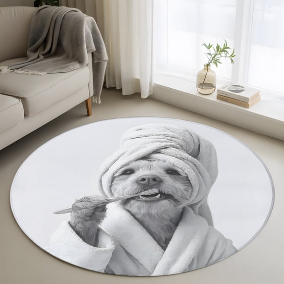 Bathroom Funny Dog 3FT Round Area Rugs The Dog Brushing Its Teeth Soft ...