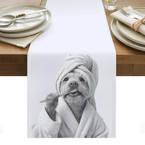 Bathroom Funny Dog Cotton Linen Table Runner The Dog Brushing Its Teeth ...