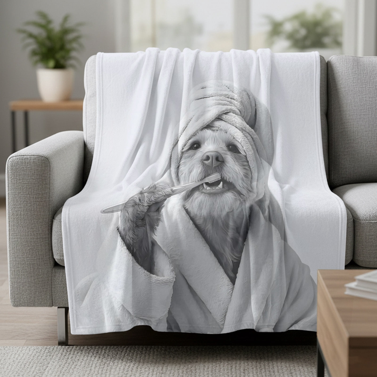 Bathroom Funny Dog Fleece Throw Blanket The Dog Brushing Its Teeth ...