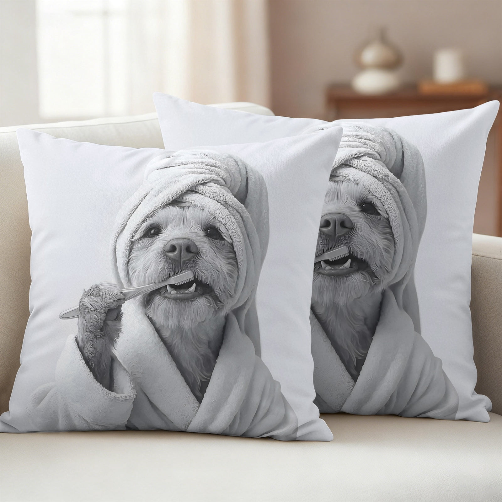 Bathroom Funny Dog Pillow Covers 2 Pack The Dog Brushing Its Teeth ...