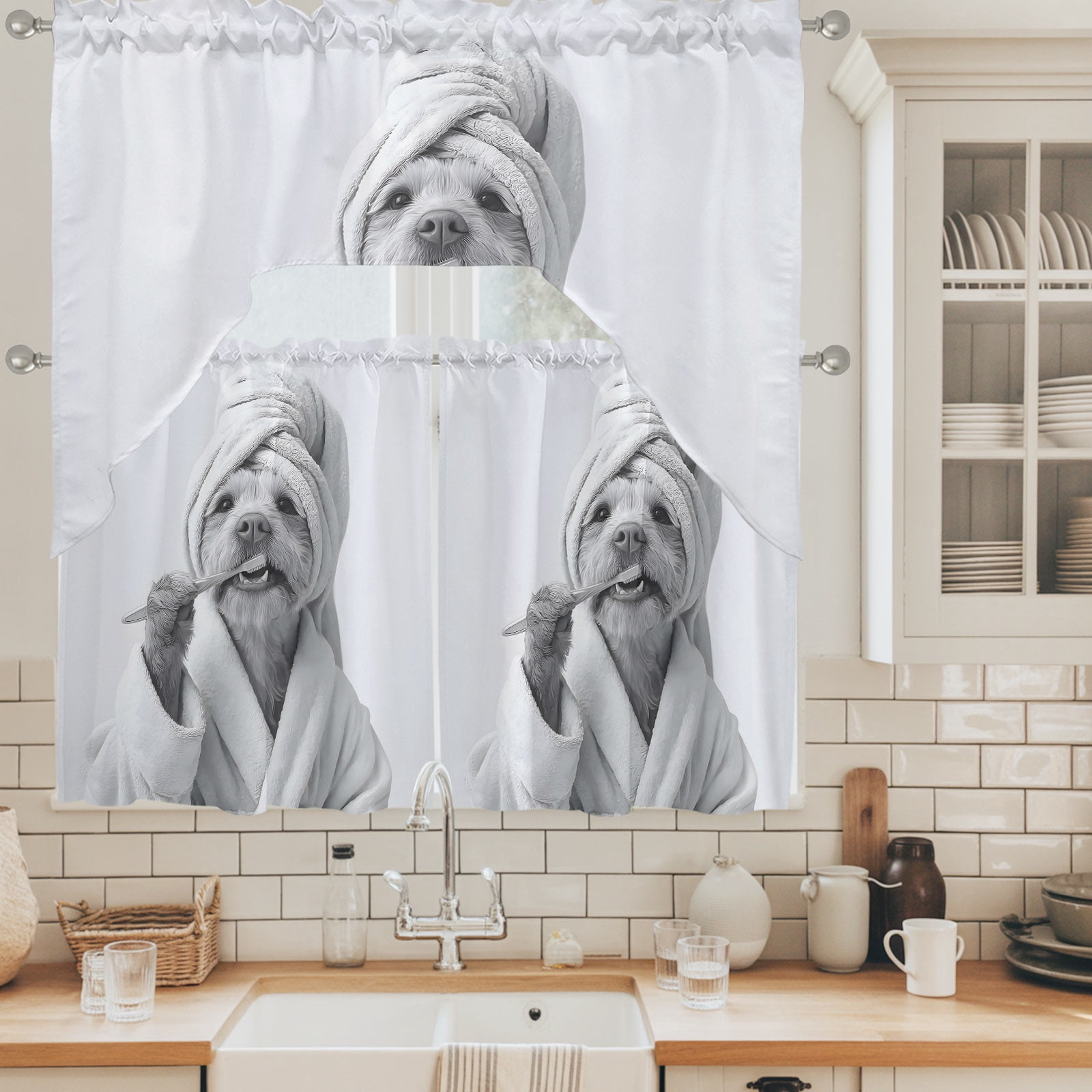 Bathroom Funny Dog Swag Curtains Valance and Tier Set, The Dog Brushing ...
