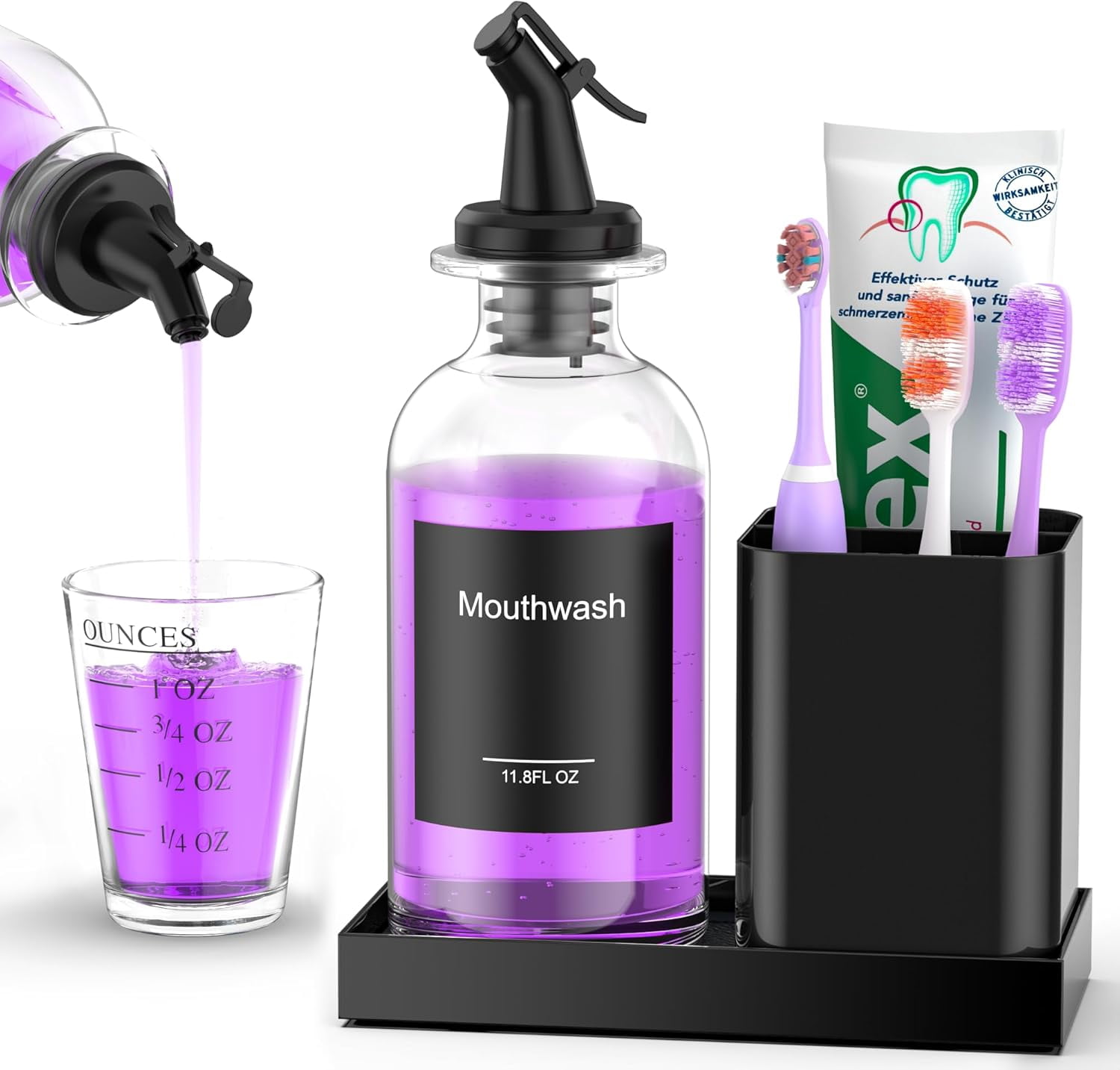 Bathroom Glass Mouthwash Dispenser with Cup,Black Toothbrush Holder Set ...