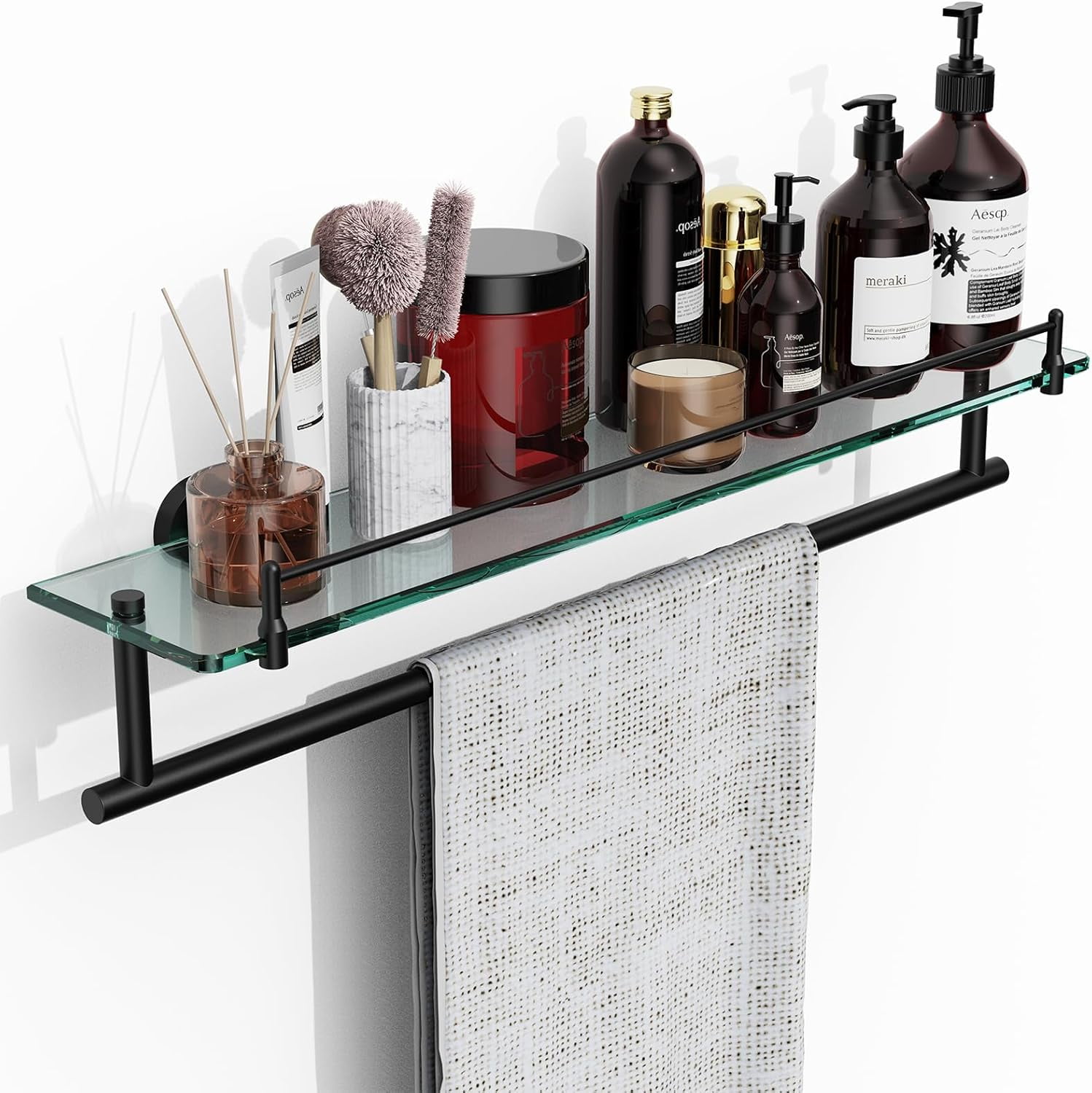 Bathroom Glass Shelf with Towel Bar,24-Inches Chrome Polished Floating ...