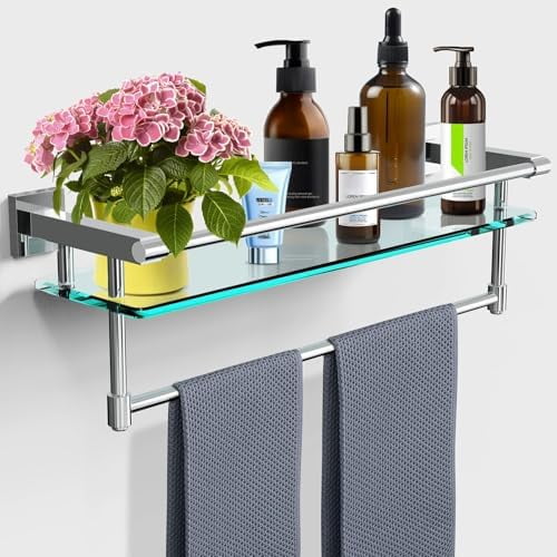 Bathroom Glass Shelf with Towel Rack Organizer Wall-Mounted Bathroom ...