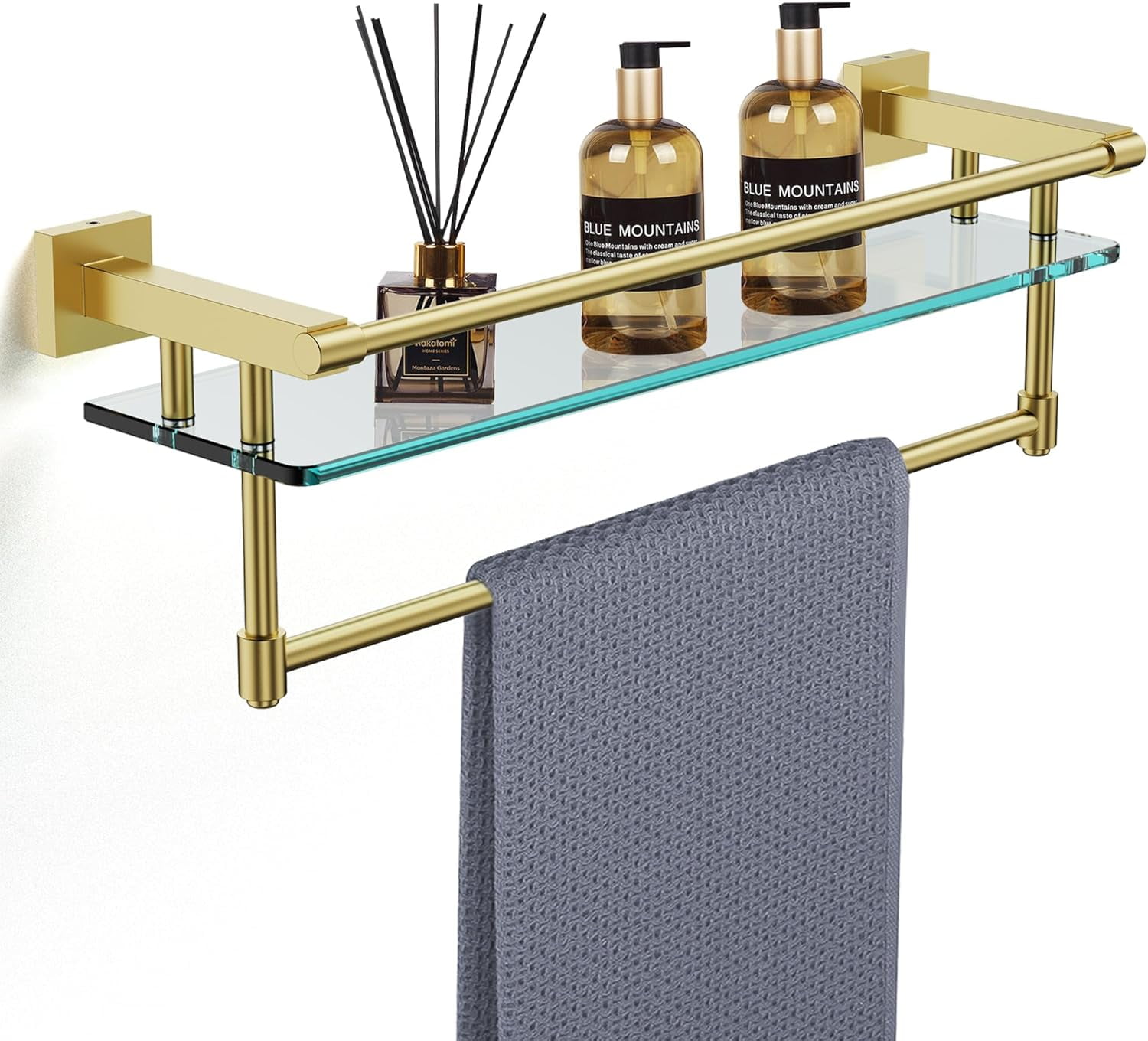 Bathroom Glass Shelf with Towel Rack Organizer Wall-Mounted Bathroom ...