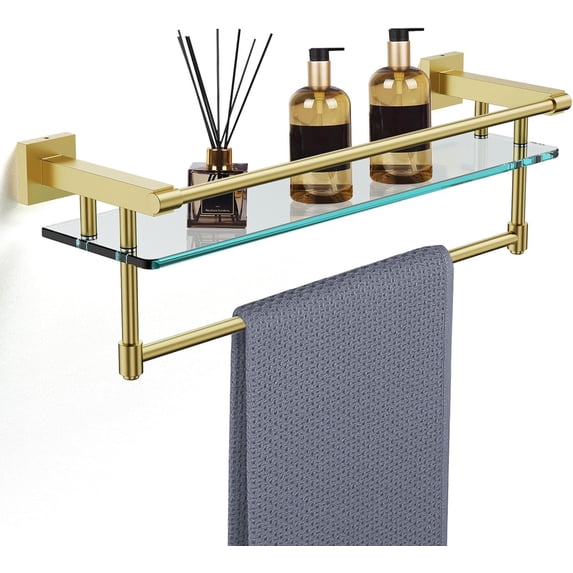 Bathroom Glass Shelf with Towel Rack Organizer Wall-Mounted Bathroom ...