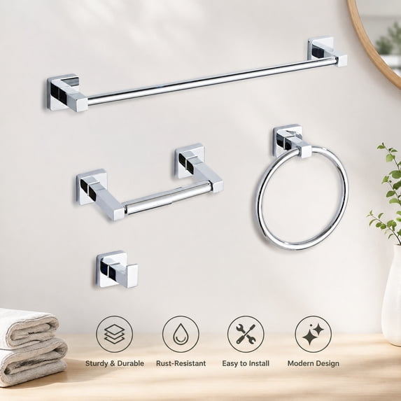 Bathroom Hardware Set 4 Pieces, Stainless Steel Wall Mounted Bathroom ...