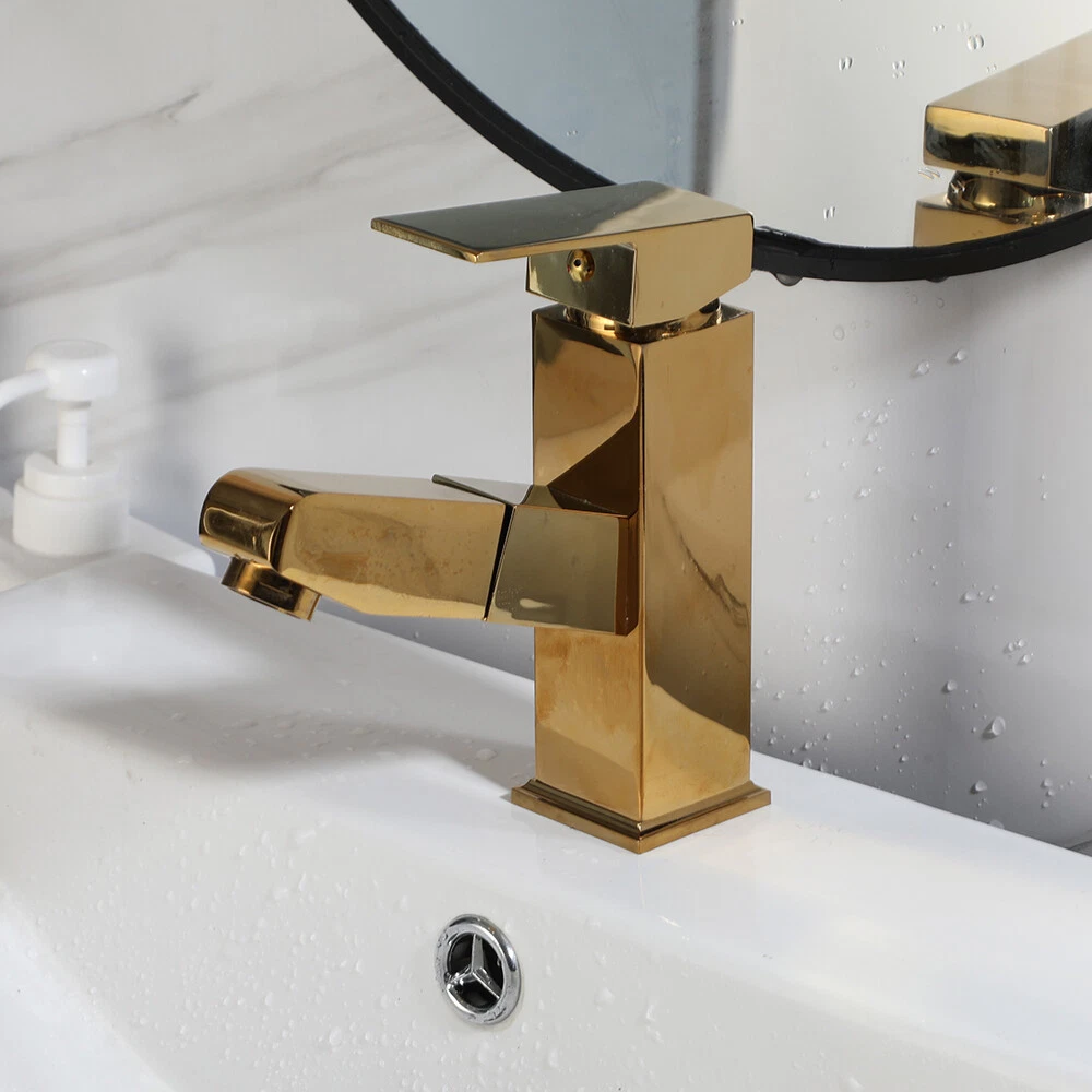 Bathroom Kitchen Pull Out Spray Sink Golden Mixer Faucet Handheld Spray