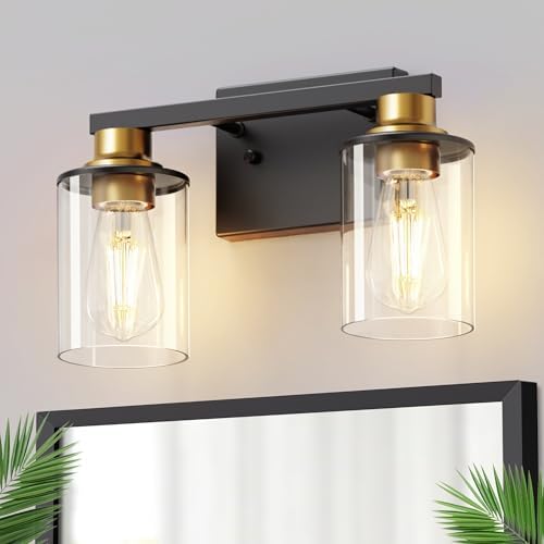 Bathroom Light Fixtures, 2-Light Black and Gold Bathroom Lights Over ...