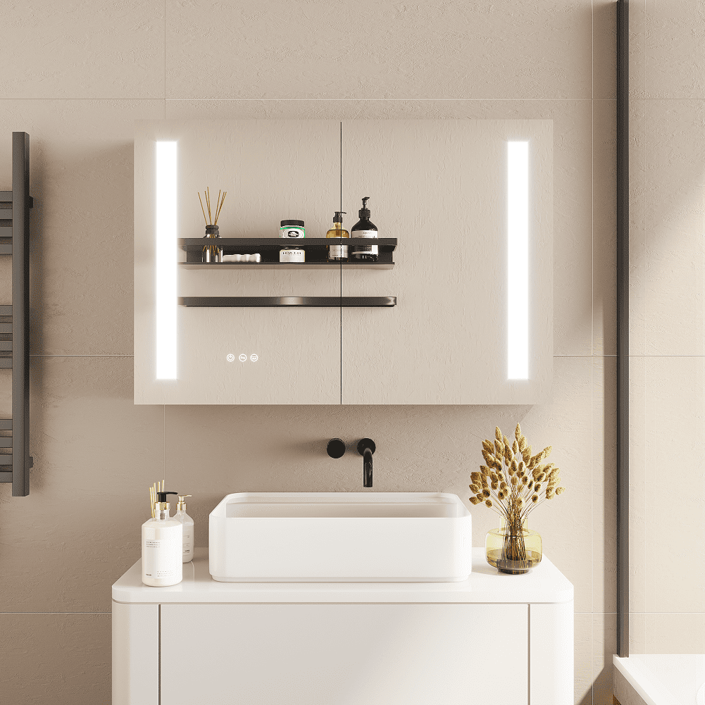 Bathroom Lighted Mirror Cabinet with Defogger, Dimmable, LED Mirror ...