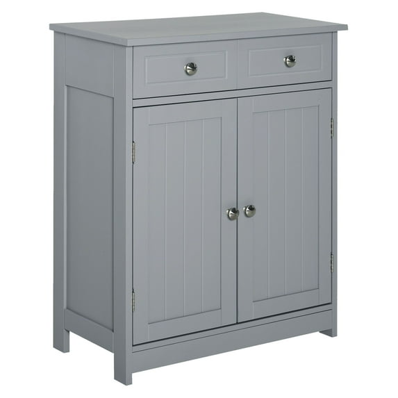 Bathroom Linen Cabinet, Freestanding Storage with 2 Drawers, Grey MDF ...