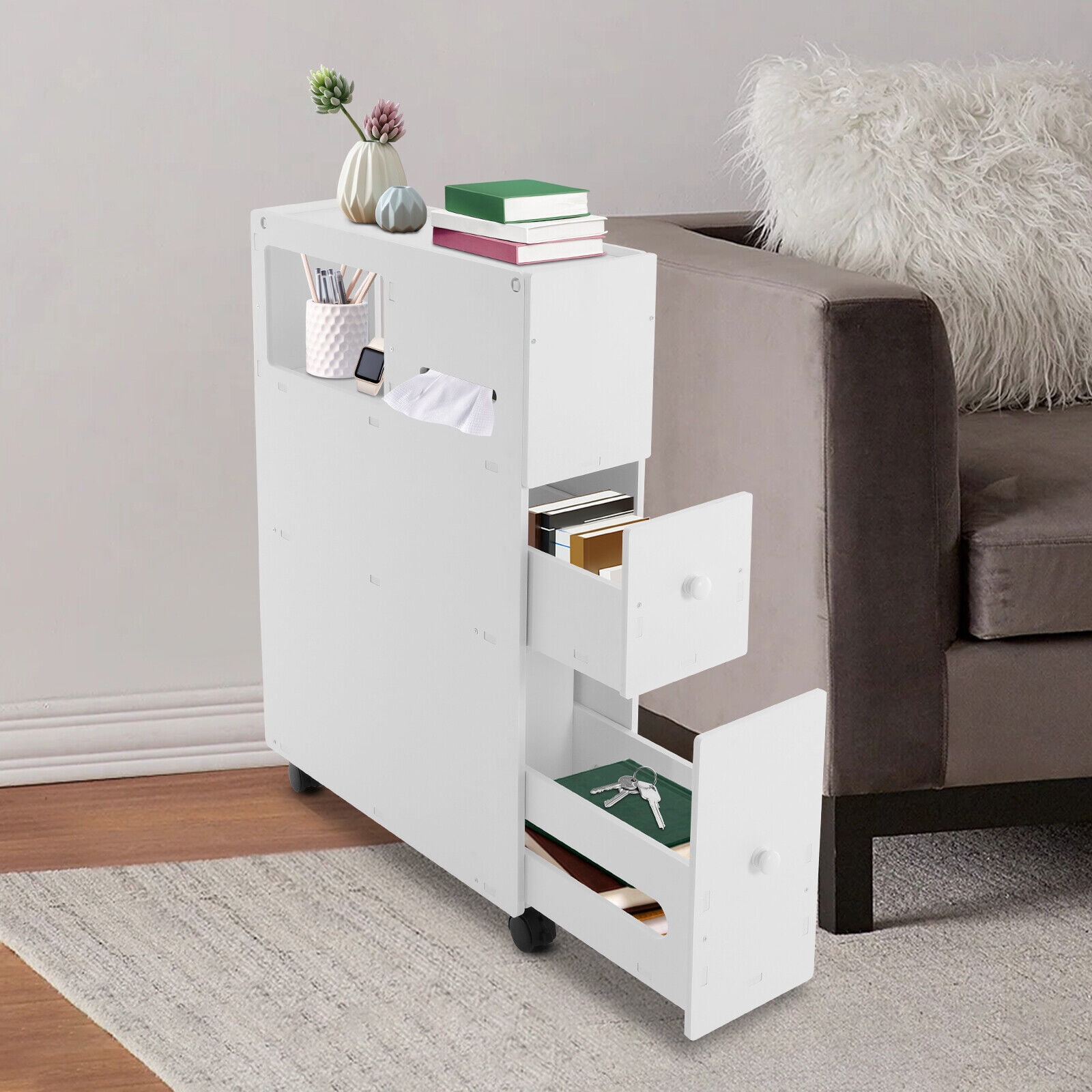 Bathroom Low Cabinet Narrow Slim Storage Tower Table Box with 2 Drawers ...