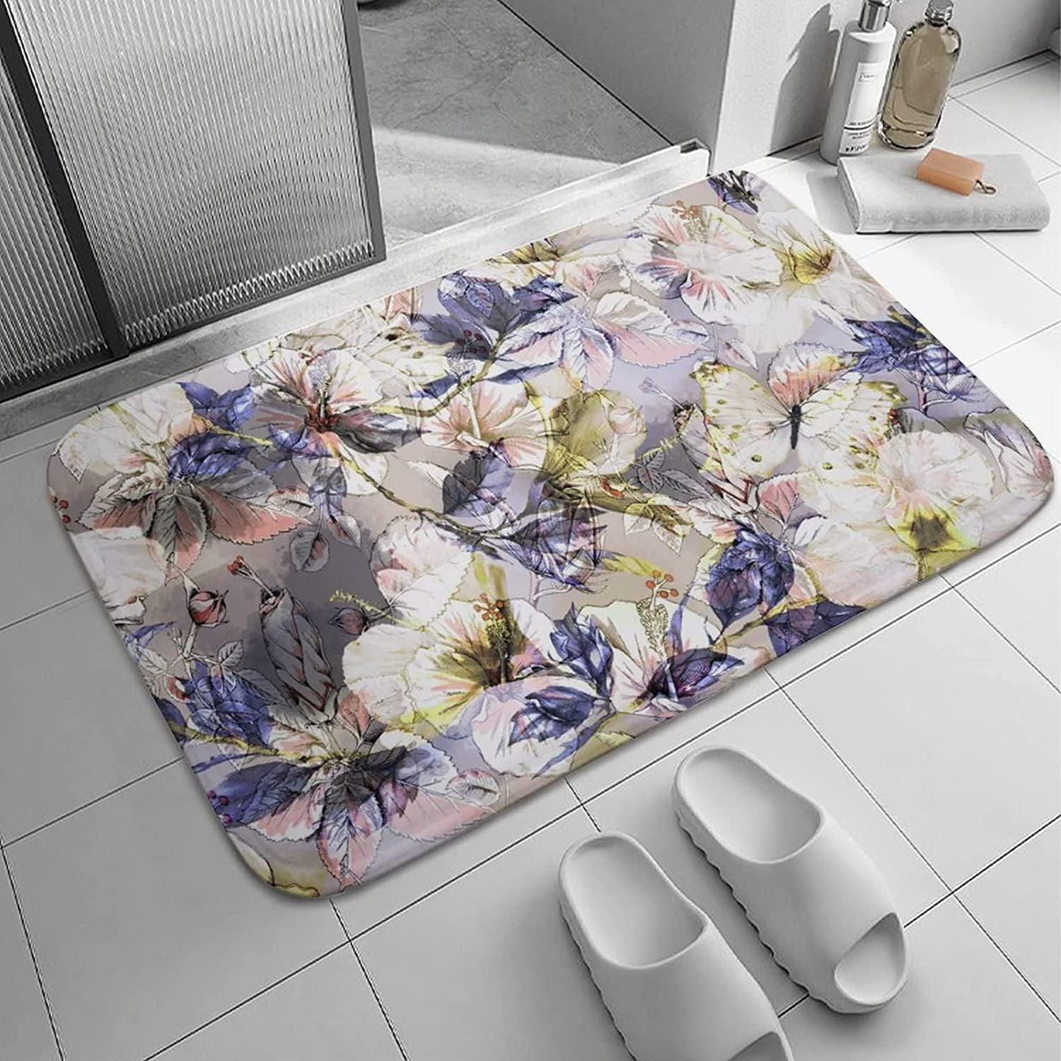 Bathroom Mat Non Slip Flowers And Butterflies Abstract Pattern Bath ...