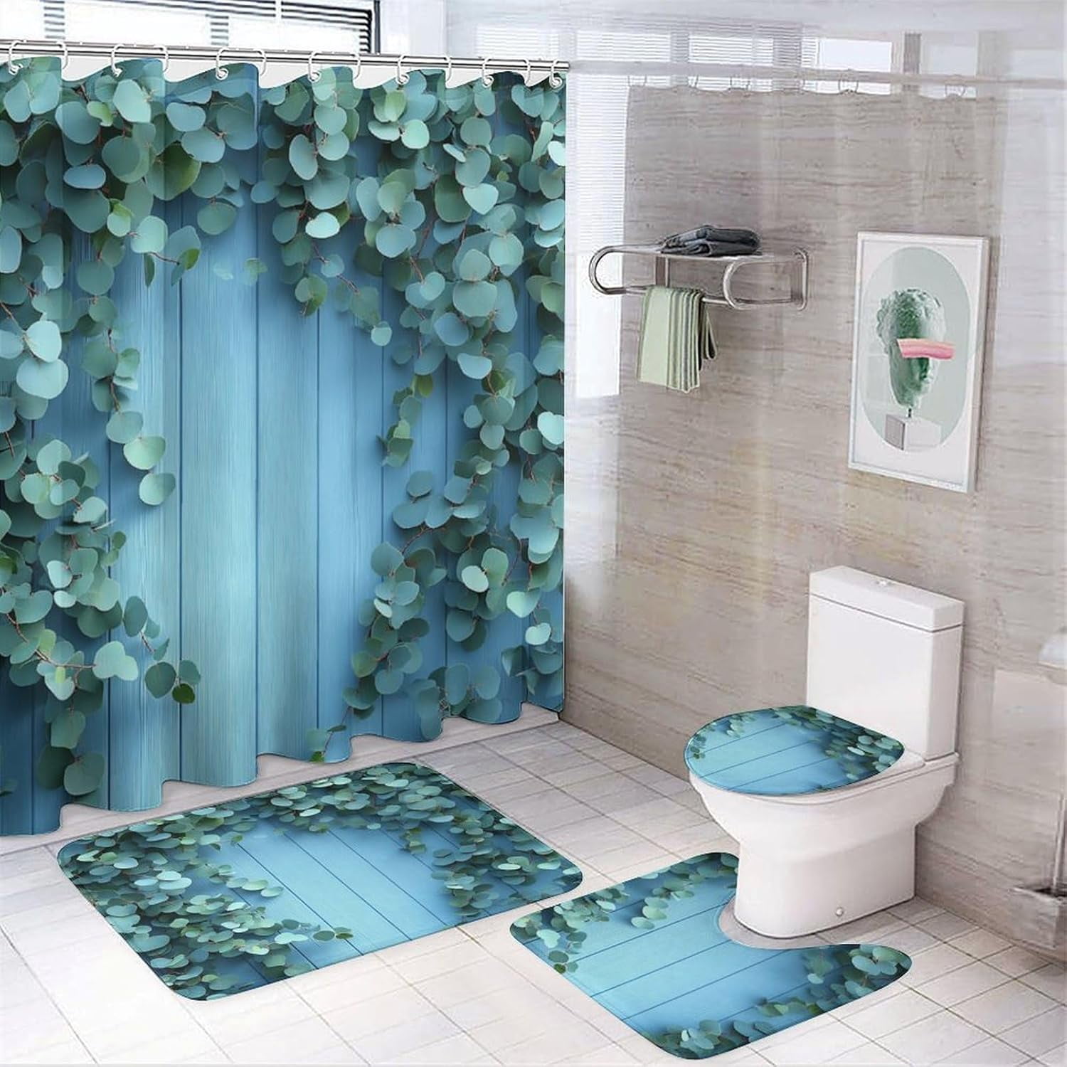 Bathroom Mat Set, Eucalyptus Leaves Pattern Printed on Bathroom Rugs ...