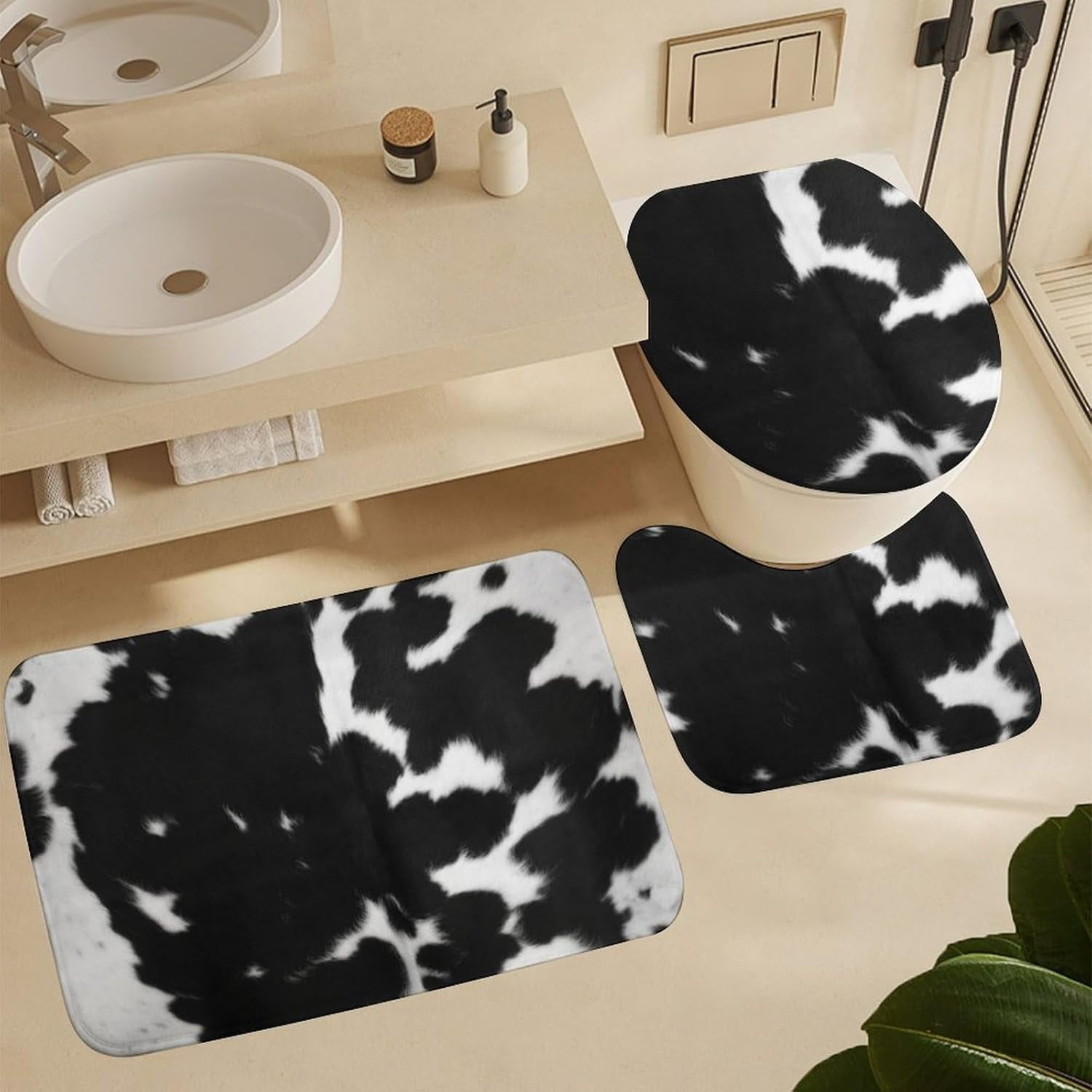 Bathroom Mats Sets 3 Piece Cow Skin Print Bathroom Rug and Toilet Seat ...