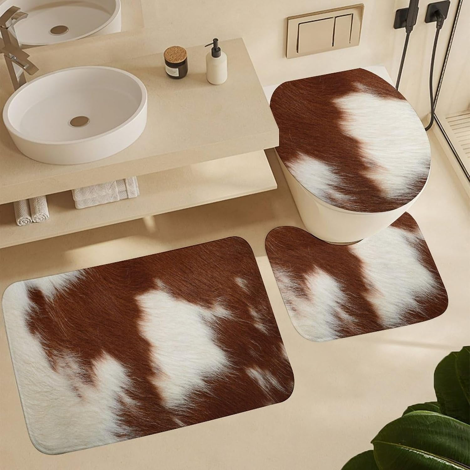 Bathroom Mats Sets 3 Piece Cow Skin Print Bathroom Rug and Toilet Seat ...