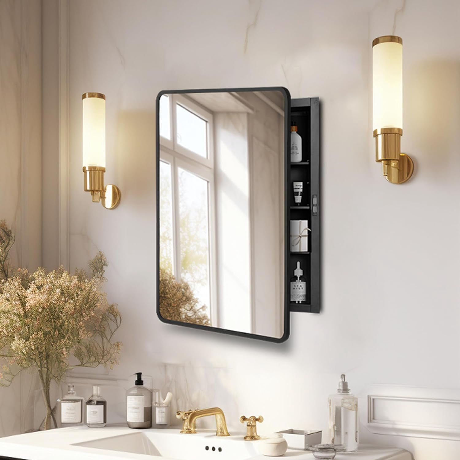 Bathroom Medicine Cabinet with Mirror 20x30 inch Metal Black Recessed ...
