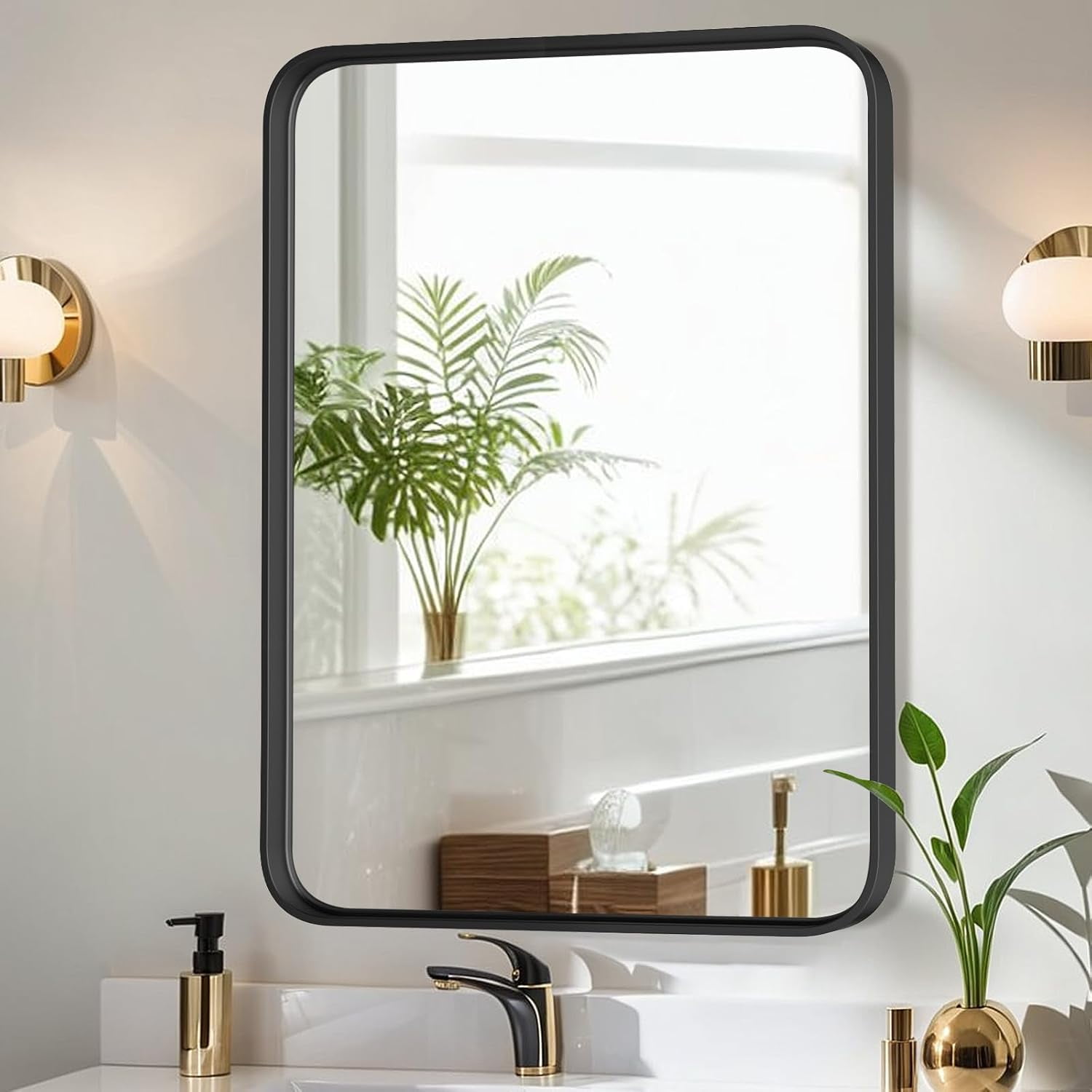 Bathroom Mirror, 24"X36" Inch Black Vanity Mirror for Wall, Large Rounded Rectangle Mirror, Anti ...