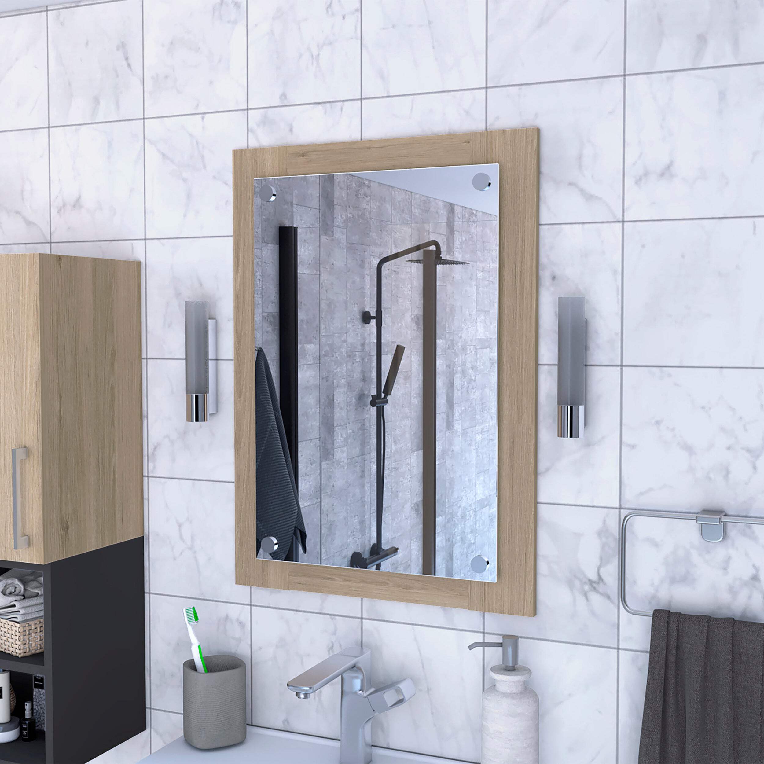 Bathroom Mirror Epic, Frame, Light Pine Finish Beige Particle Board ...
