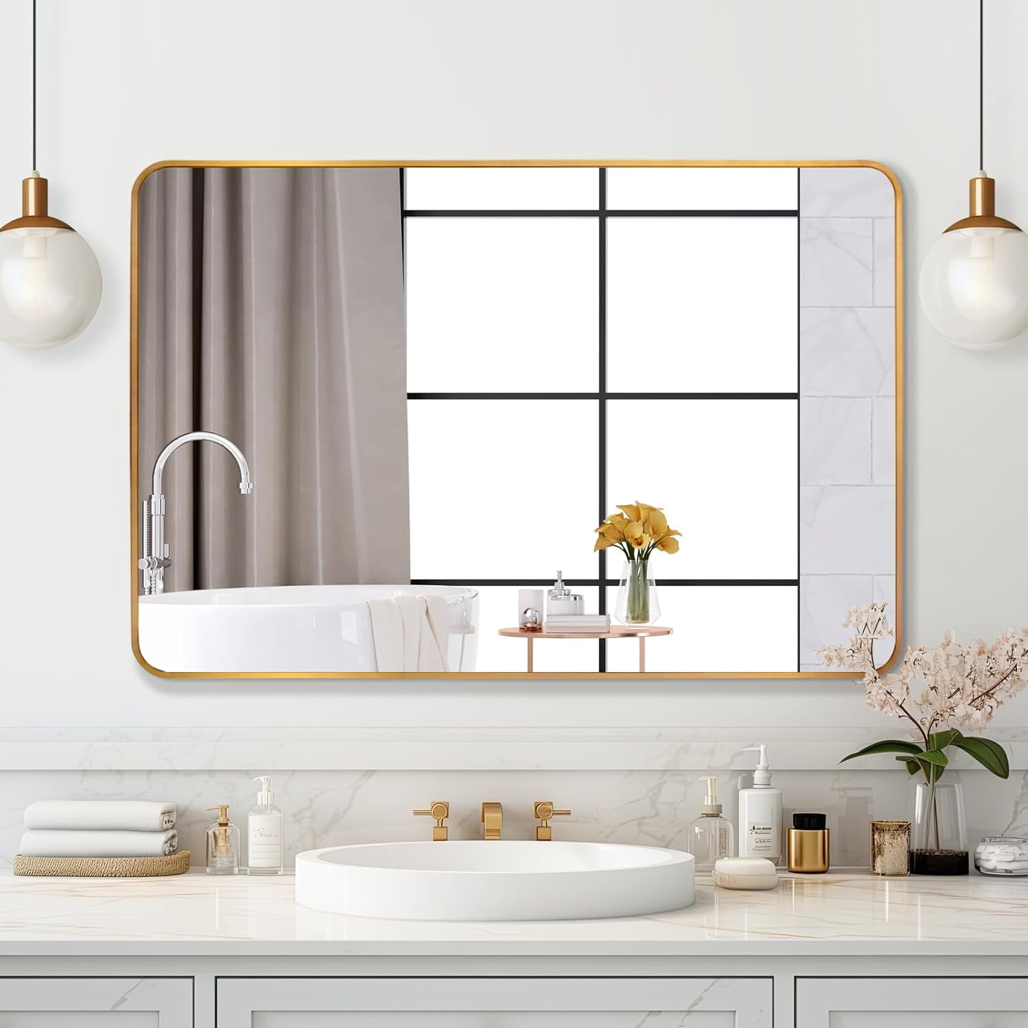 Bathroom Mirror Gold Rectangle Wall Mirror 30 x 40 inch Large Wall Mounted Vanity Mirrors with ...