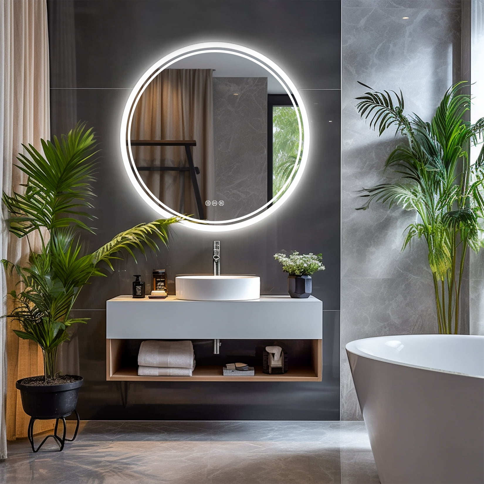 Bathroom Mirror with LED Lights Circle Backlit Illuminated Wall Mounted ...
