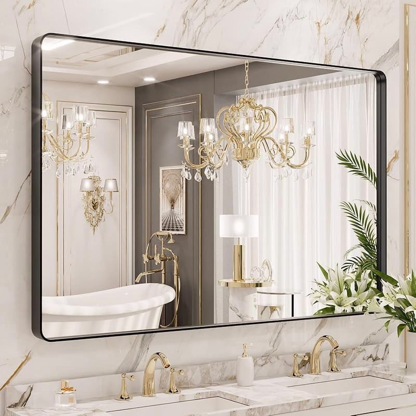 Bathroom Mirror with Wood Grain Colored Metal Frame, Rounded Rectangle ...