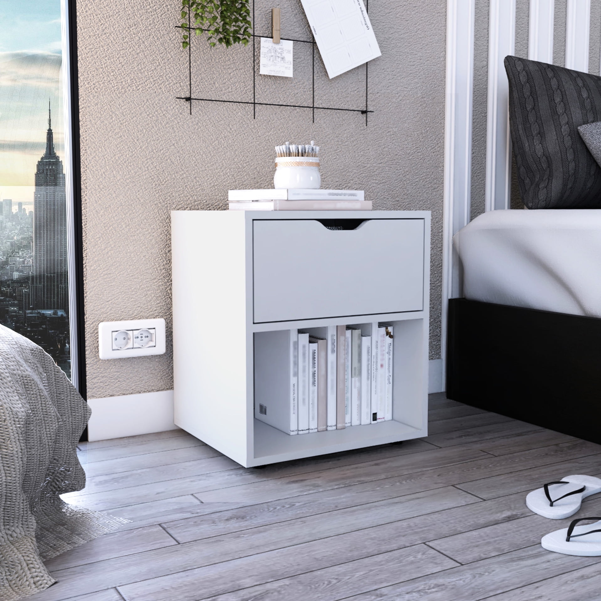 Bathroom Nightstand In White With Sliding Drawer And Bottom Open Shelf ...