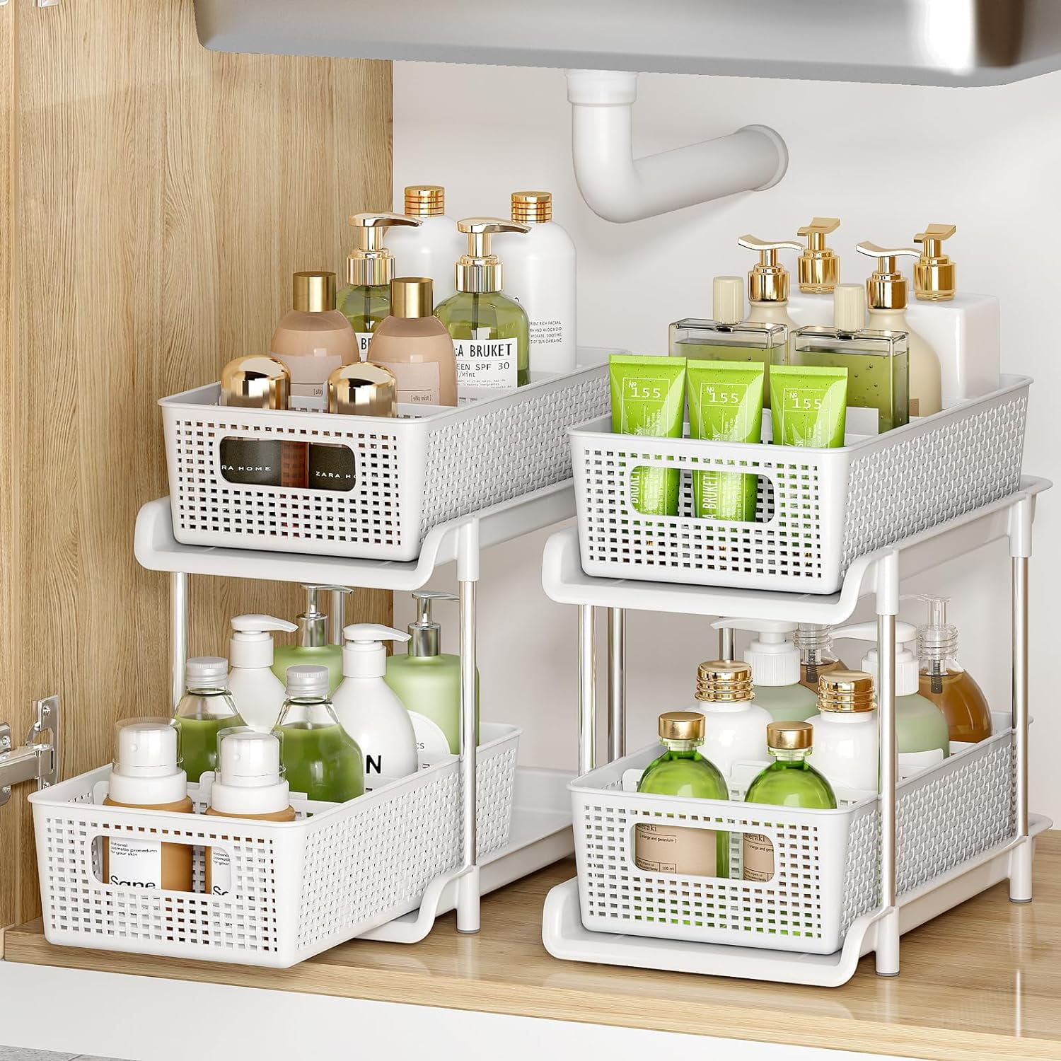 Bathroom Organizer with Dividers, 2Pcs 2 Tier Stackable Under Sink ...
