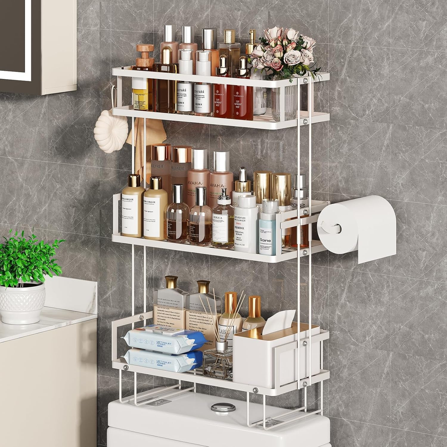 Bathroom Organizer - over Toilet Storage, Floating Shelves with 2 Hooks ...