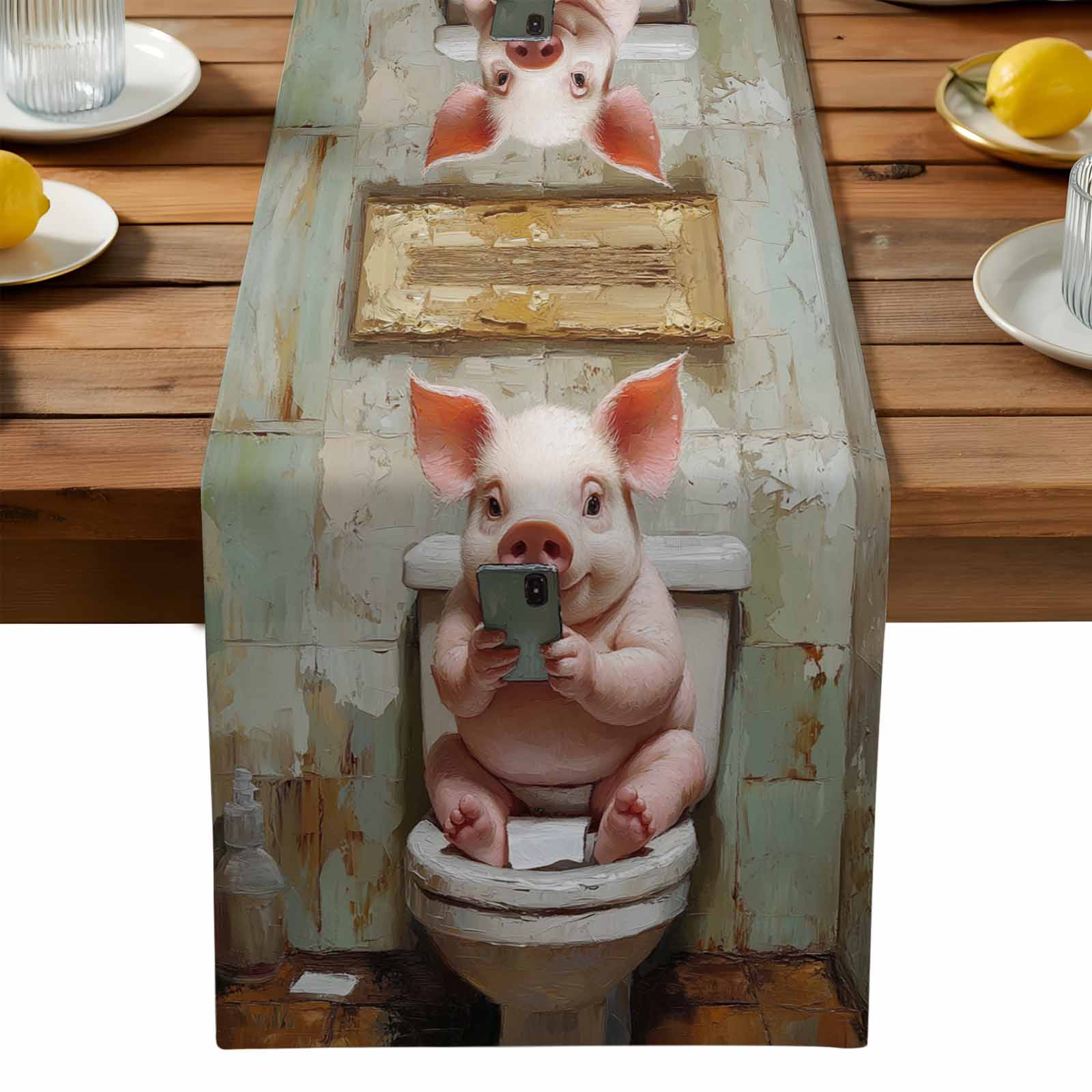 Bathroom Pig Cotton Linen Table Runner for Dining Kitchen, Toilet ...