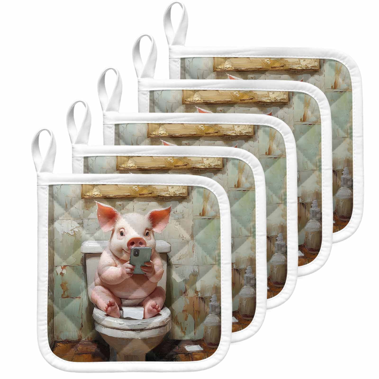 Bathroom Pig Pot Holders for Kitchen Heatproof Potholder, 5 Pack Toilet ...