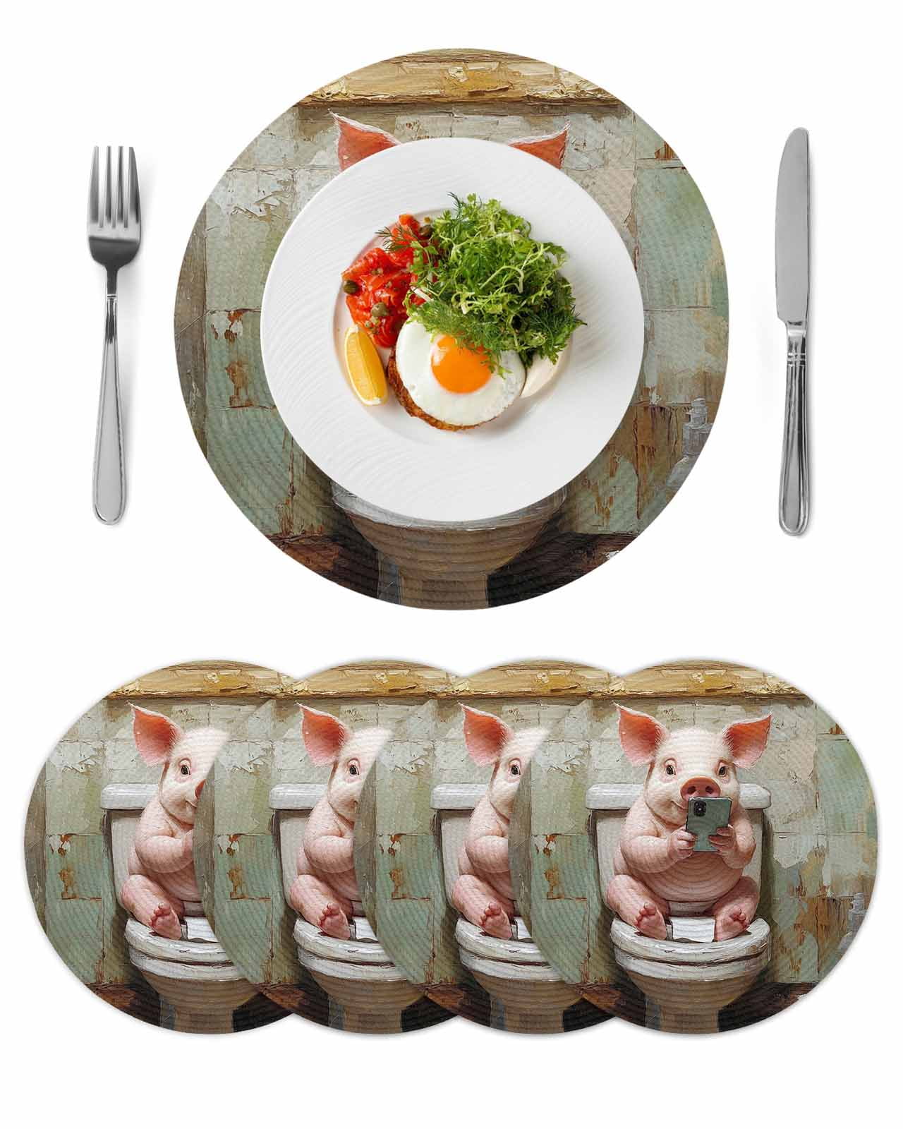 Bathroom Pig Round 15 Inch Placemats Set of 4, Toilet Animals Vintage ...