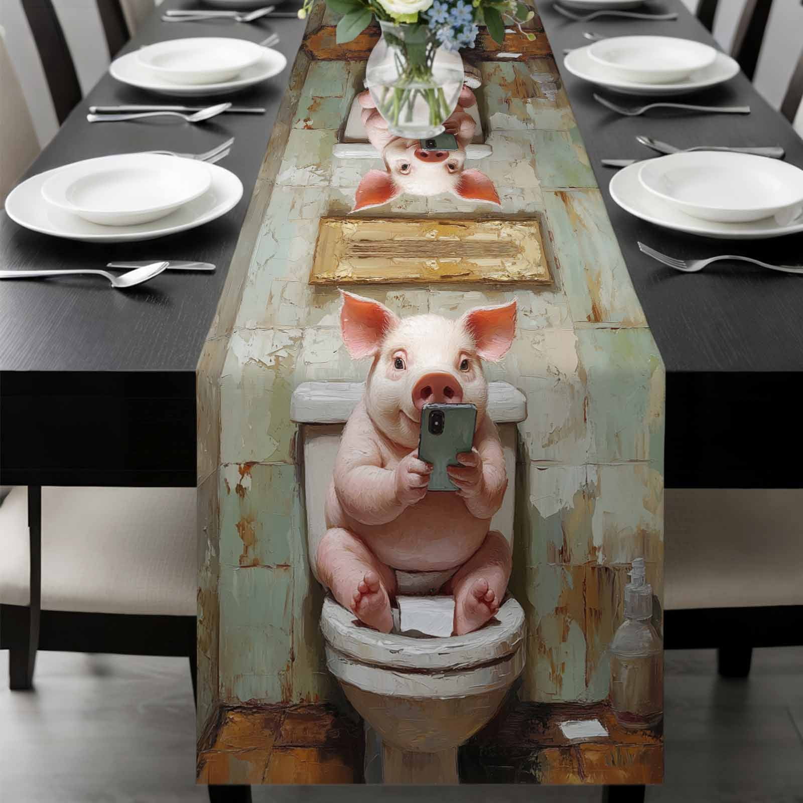 Bathroom Pig Table Runner 72 Inches Long, Toilet Animals Vintage ...