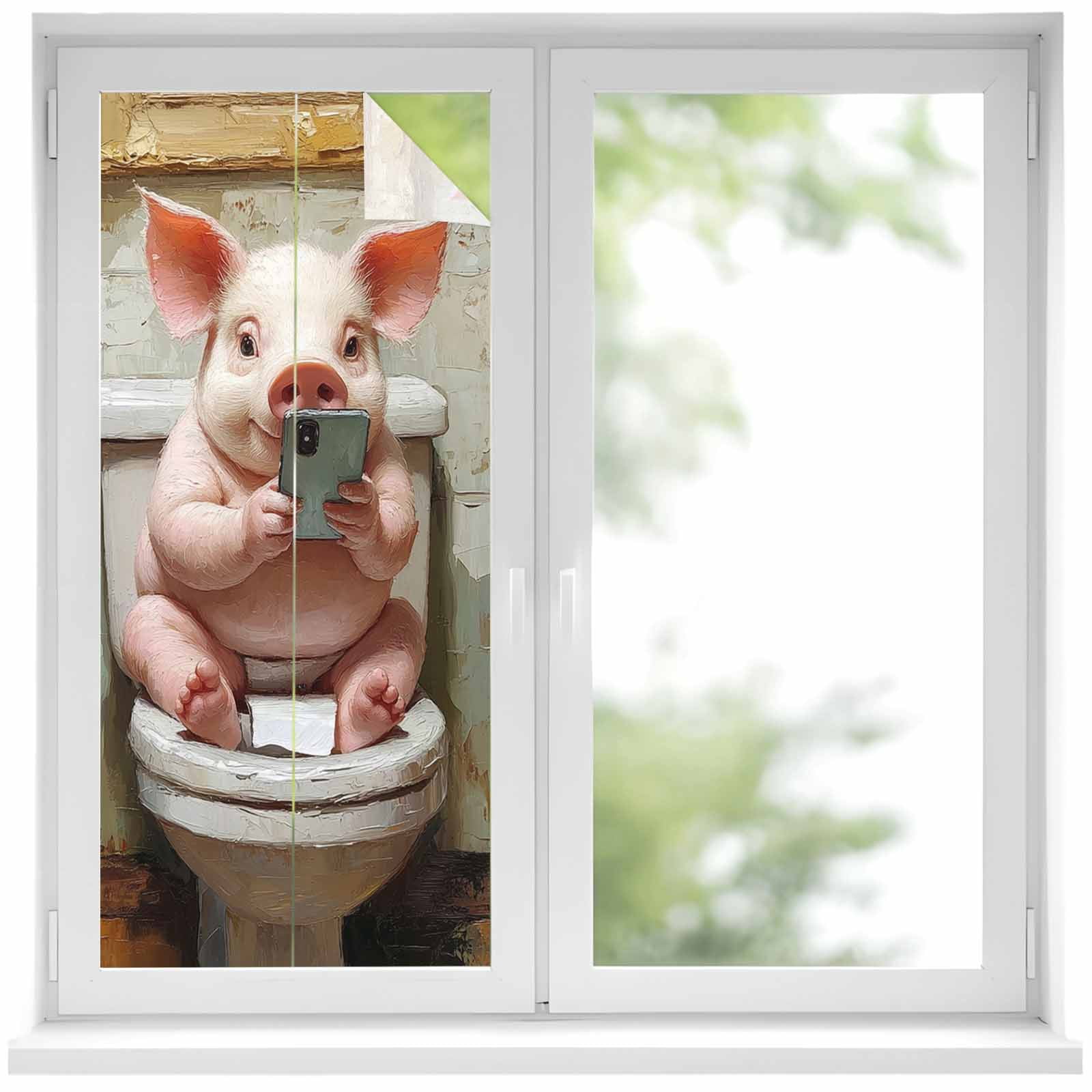 Bathroom Pig Window Privacy Film, Toilet Animals Vintage Static Cling ...