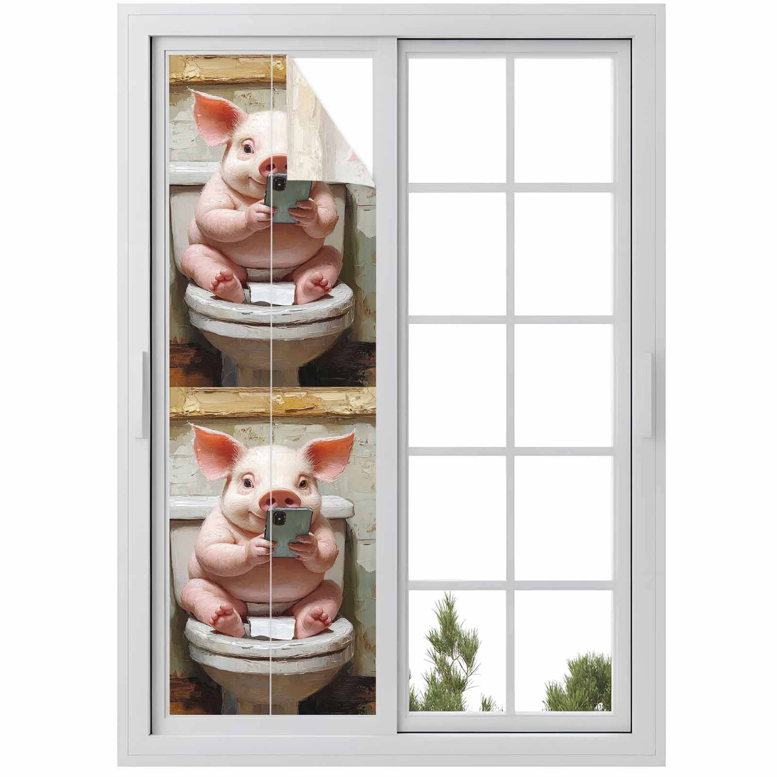 Bathroom Pig Window Privacy Film, Toilet Animals Vintage Static Cling ...