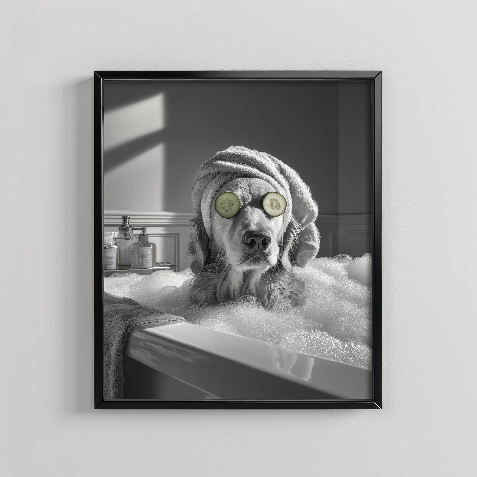 Bathroom Poster Featuring Golden Retriever, Bathtub Scene Wall Decor ...