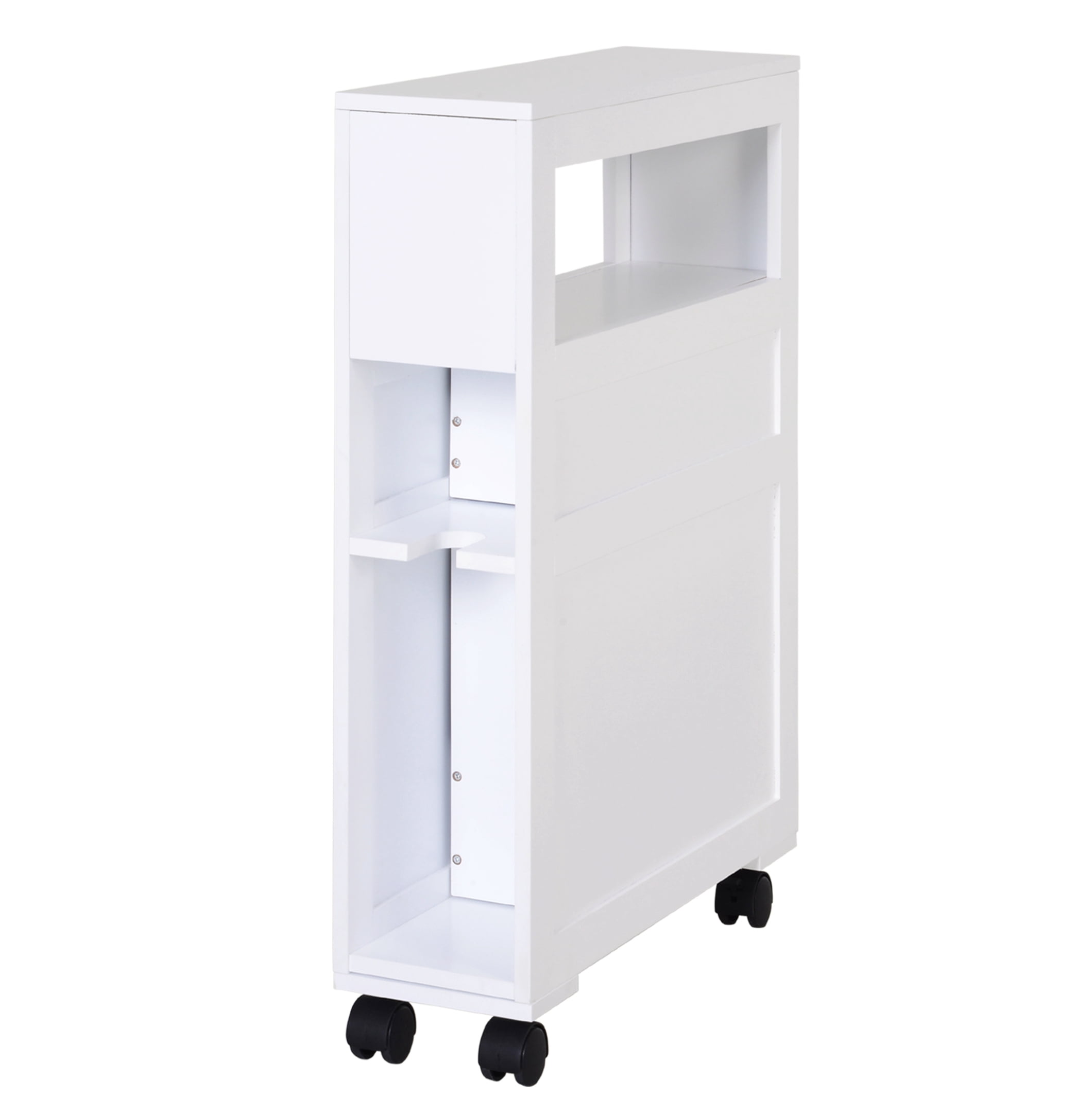 Bathroom Rolling Storage Cabinet, Narrow Slide-Out Organizer, White ...