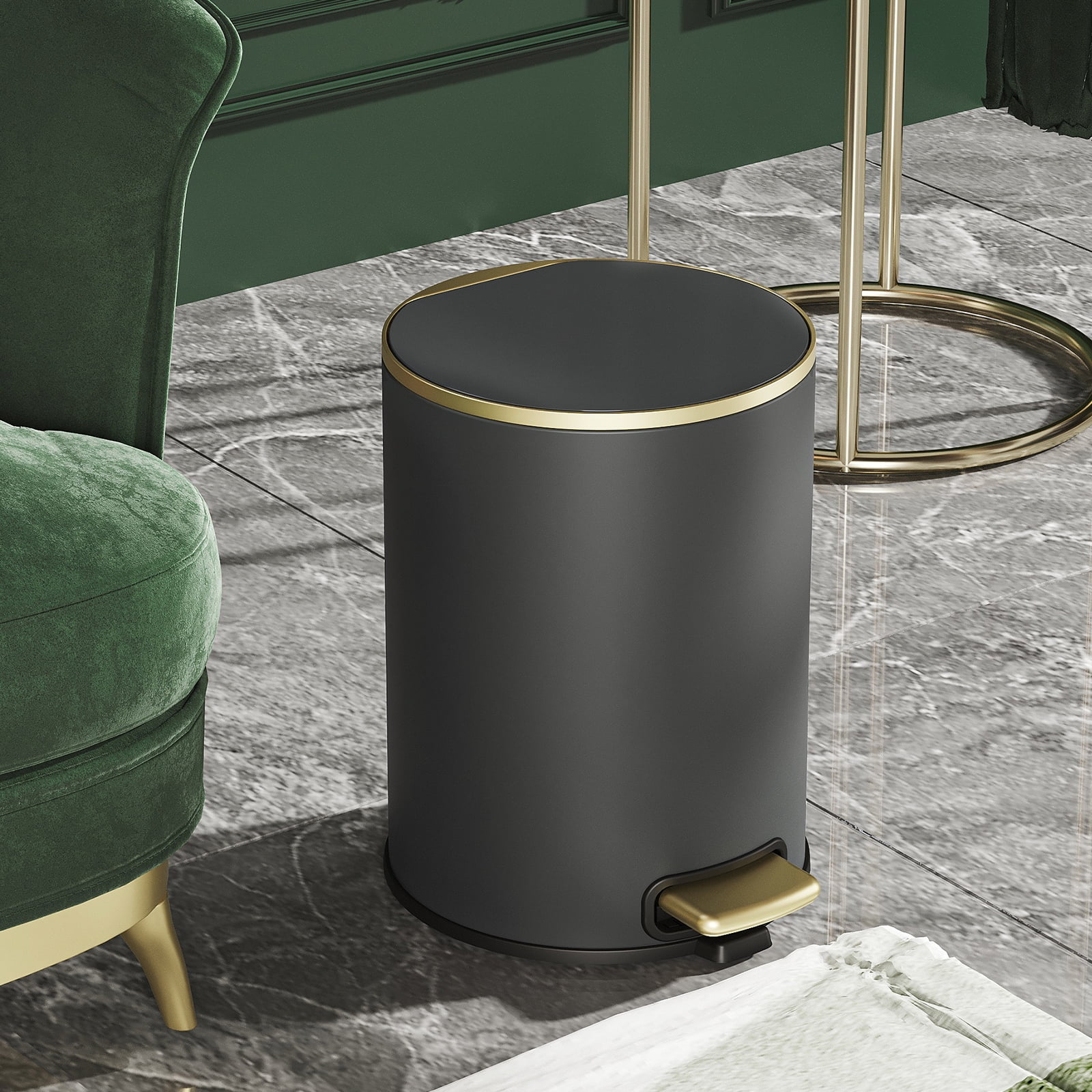 Bathroom Round Trash Can with Lid, Small Metal Office Garbage Pail, 1.6 ...